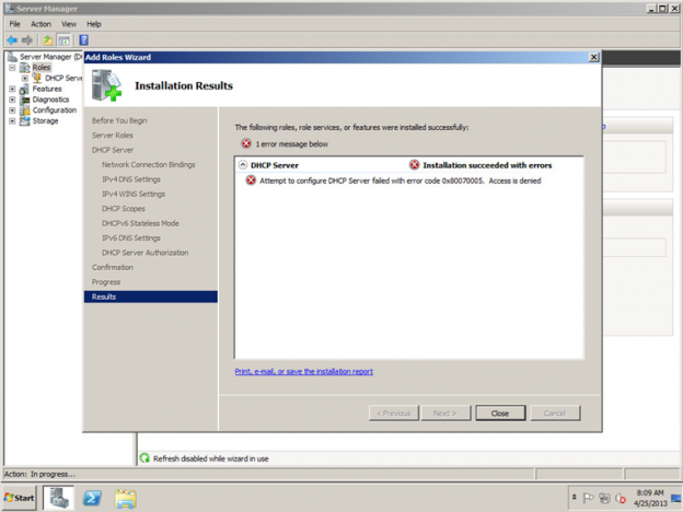 Attempt to configure DHCP server failed with error code 0x8007005 ...
