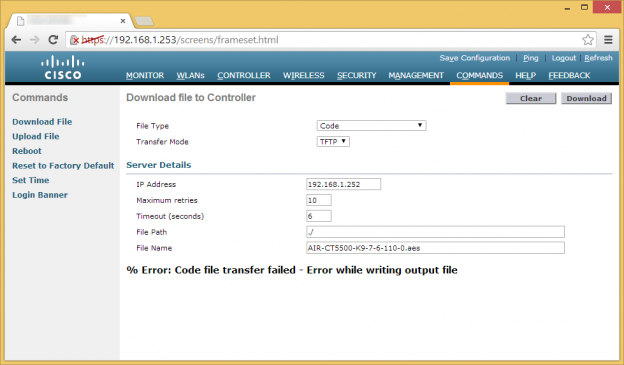 Cisco WLC Firmware Upgrade - % Error: Code file transfer failed - Error ...