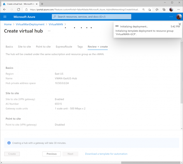 Establishing a GCP VPN Tunnel to Azure Virtual WAN; Active/Active BPG ...