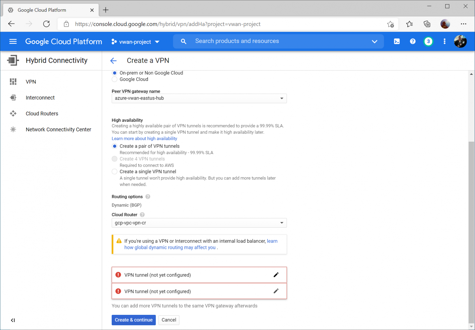 Establishing a GCP VPN Tunnel to Azure Virtual WAN; Active/Active BPG ...