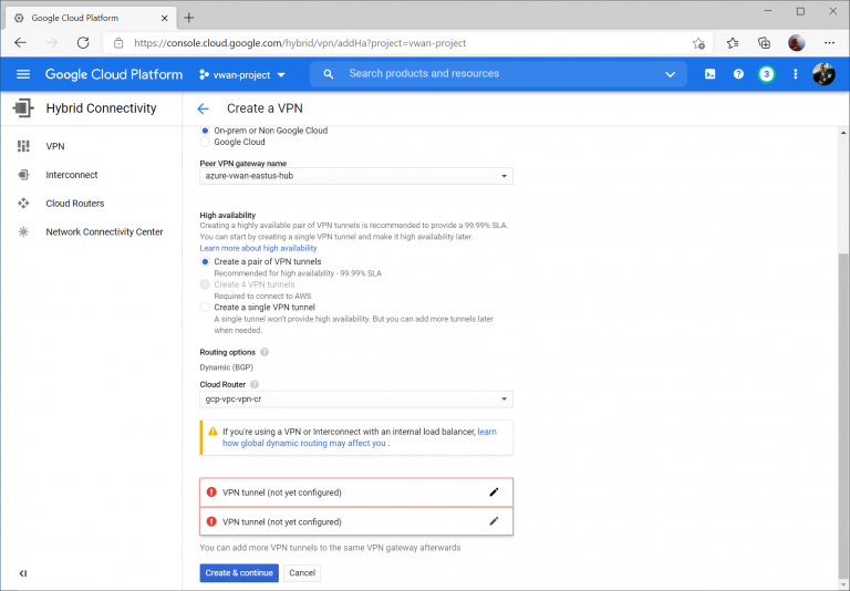 Establishing a GCP VPN Tunnel to Azure Virtual WAN; Active/Active BPG ...