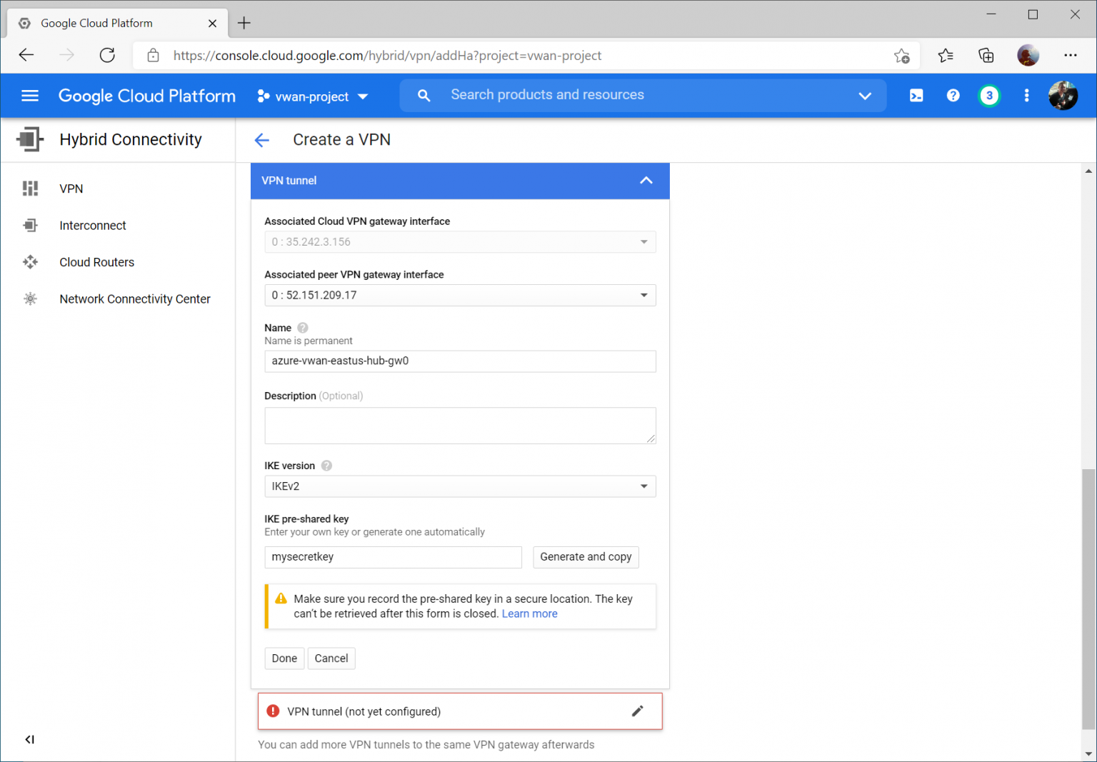 Establishing a GCP VPN Tunnel to Azure Virtual WAN; Active/Active BPG ...